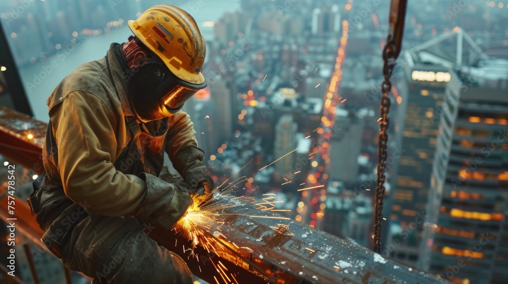 A construction worker in safety gear welds a steel beam on the edge of ...