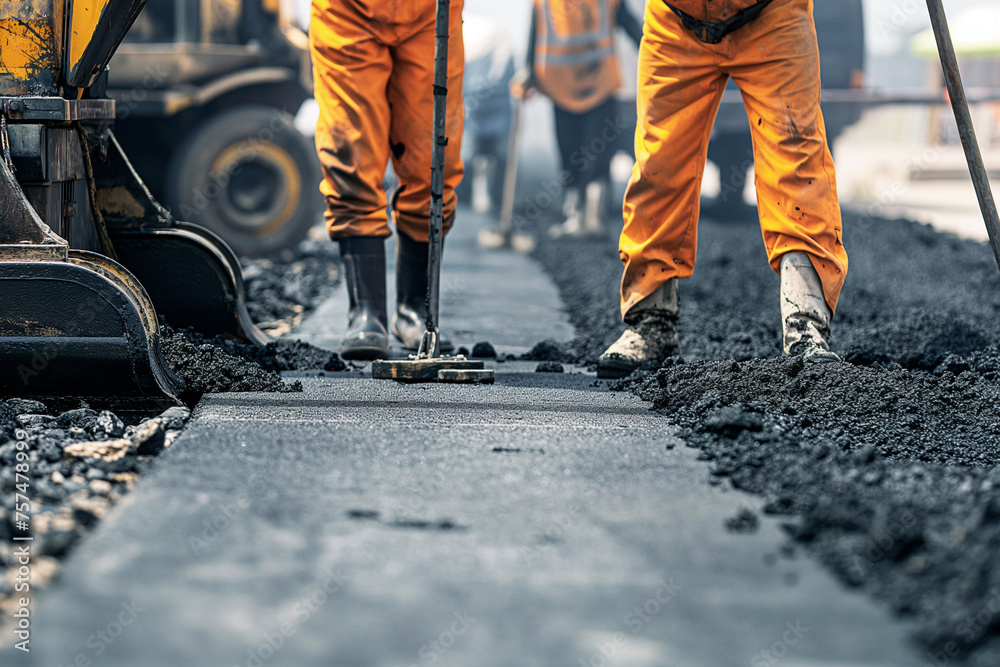 Road construction workers' teamwork, tarmac laying works at a road ...