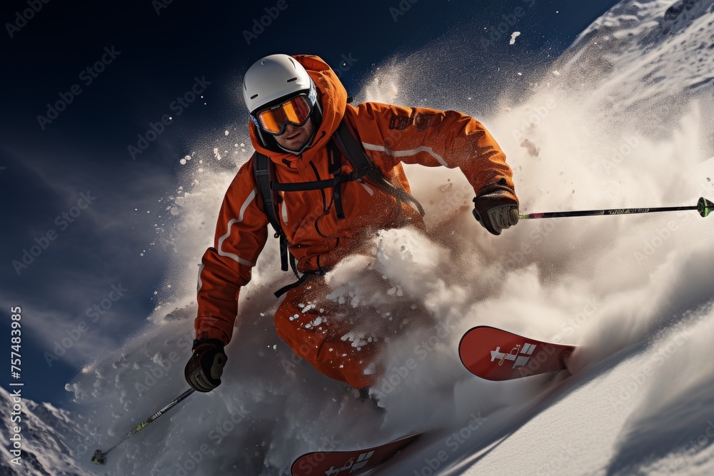 Intense moment of an avid skier in a bright orange suit carving through ...