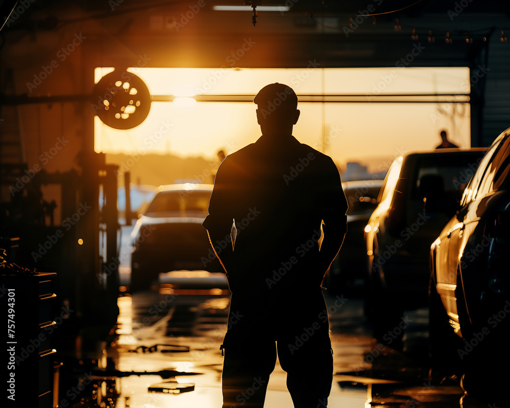 Silhouette of an auto mechanic standing confidently in a car garage ...