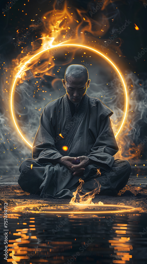 A fictional character is portrayed in a lotus position in front of a ...