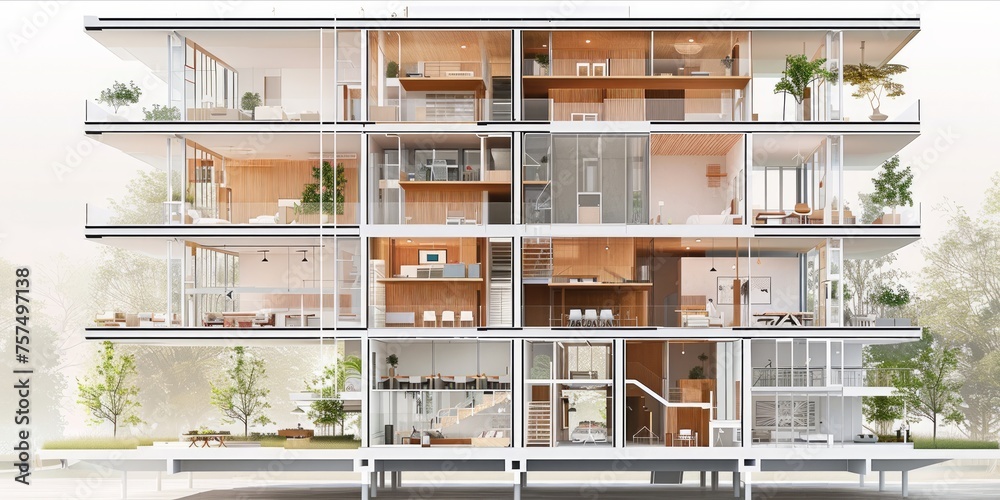 Cross section of a multi story residential building with architectural ...