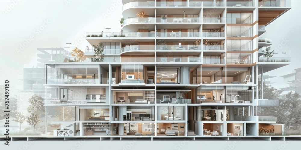 Cross section of a multi story residential building with architectural ...