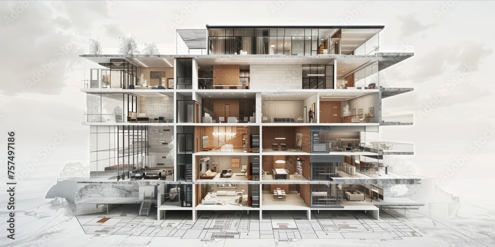 Cross section of a multi story residential building with architectural ...
