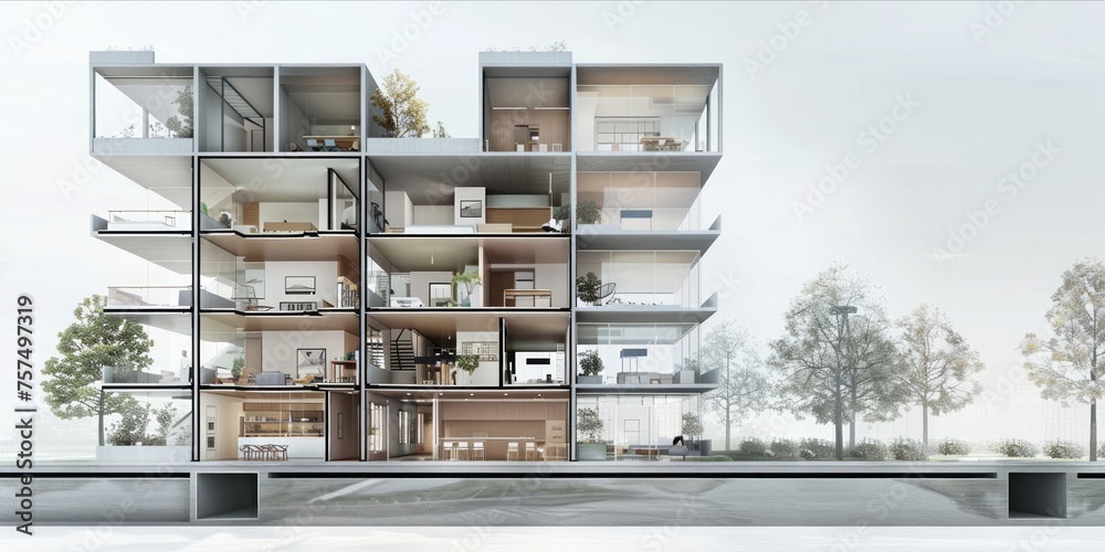 Cross section of a multi story residential building with architectural ...