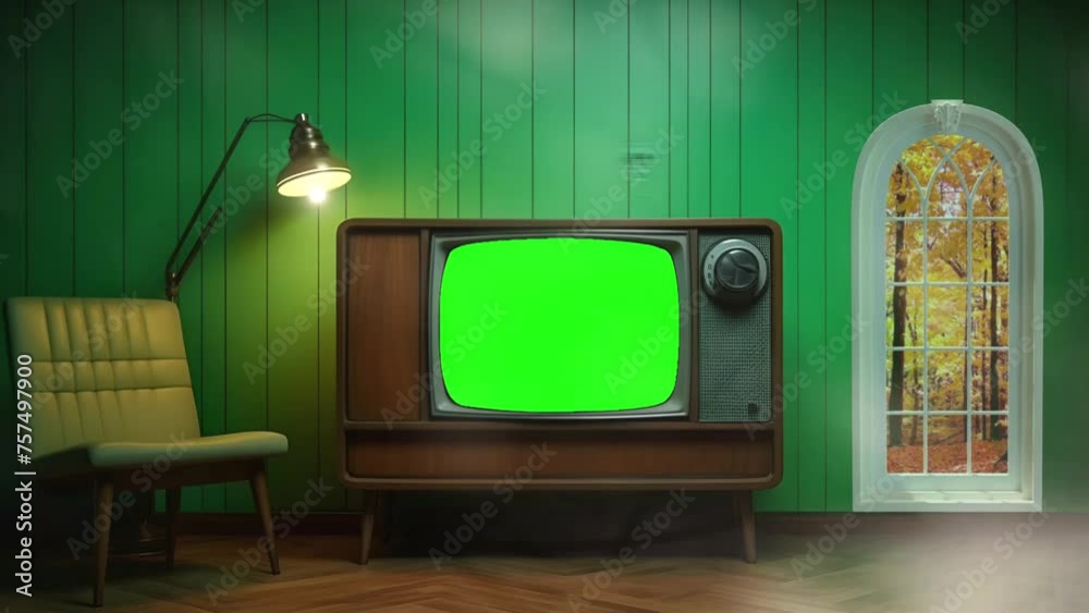 TV retro antique television green screen with decorated classic lights ...