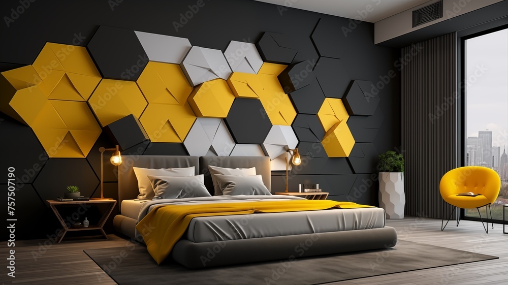 A modern 3D wall design in the bedroom featuring lemon yellow and white ...