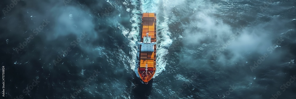 Container ship sailing in the ocean from above represents key global ...