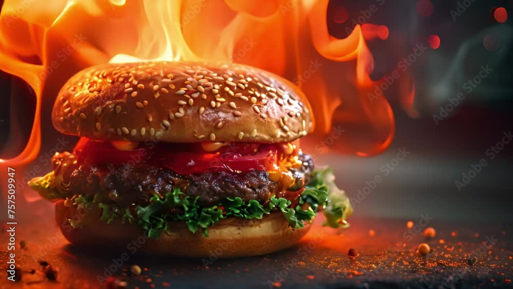 Vidéo Stock Grilled Beef Burger with Melted Cheese and Fresh Vegetables ...