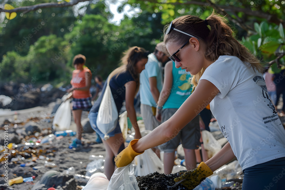 a coastal cleanup event where volunteers collect plastic debris and ...