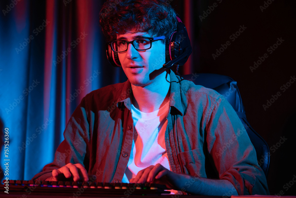 Stressful young gaming streamer team concentrated with Esport online on ...