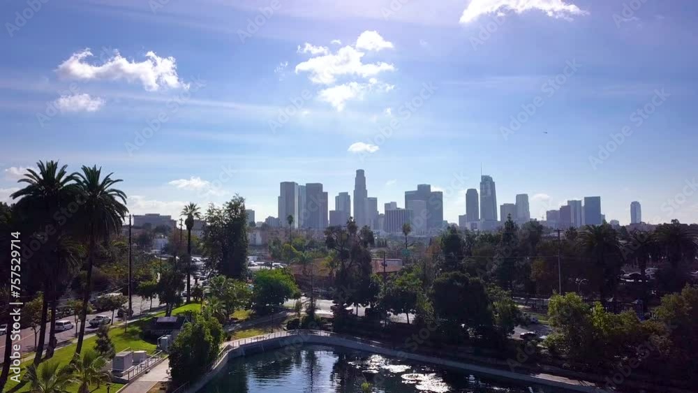 Springtime in downtown Los Angeles city skyline drone establishing shot ...