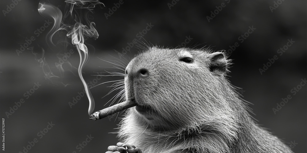 a capybara smoking a cigarette in a black and white photo with smoke ...
