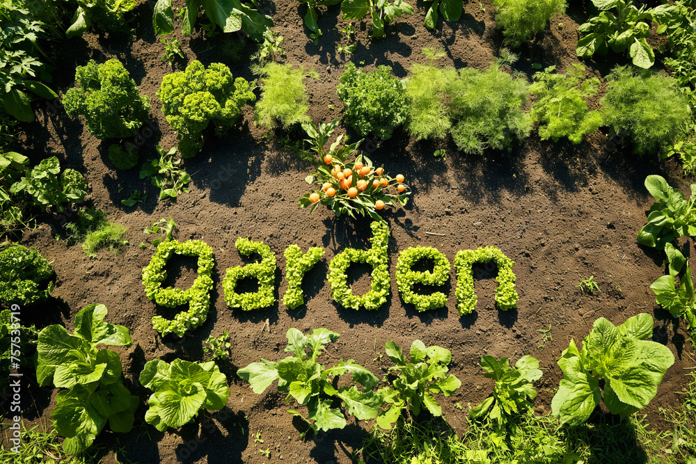 Uma grande horta com verduras e legumes formando a palavra "Garden ...