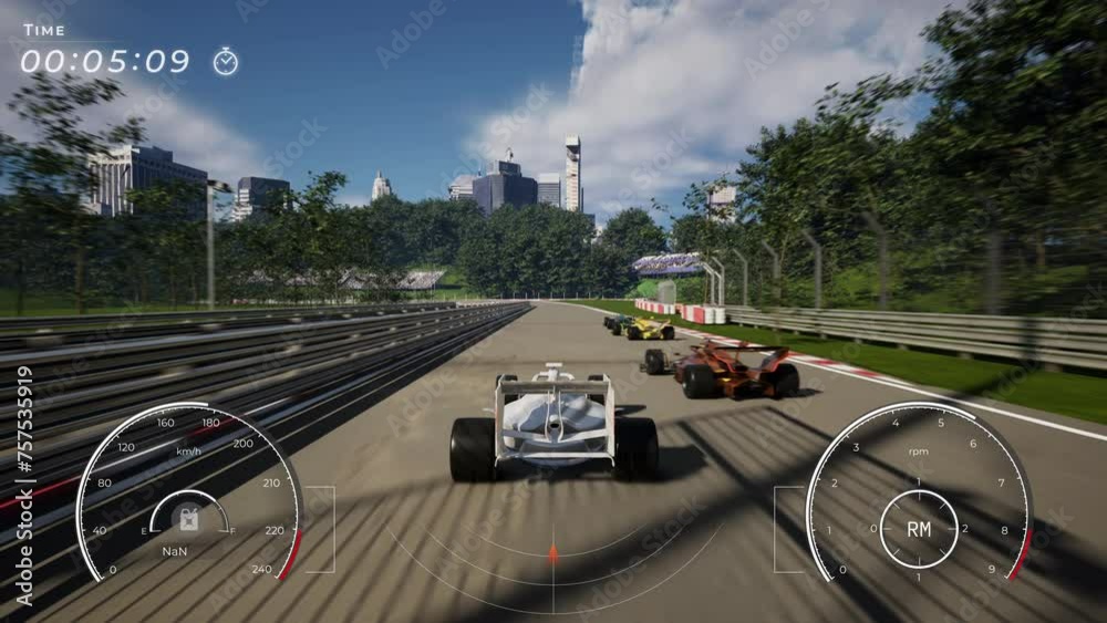 Playing the modern Formula car simulator. Controlling the fast car on ...