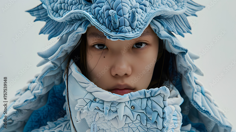 woman wearing surreal blue dragon shaped quilted hoodie with a ...