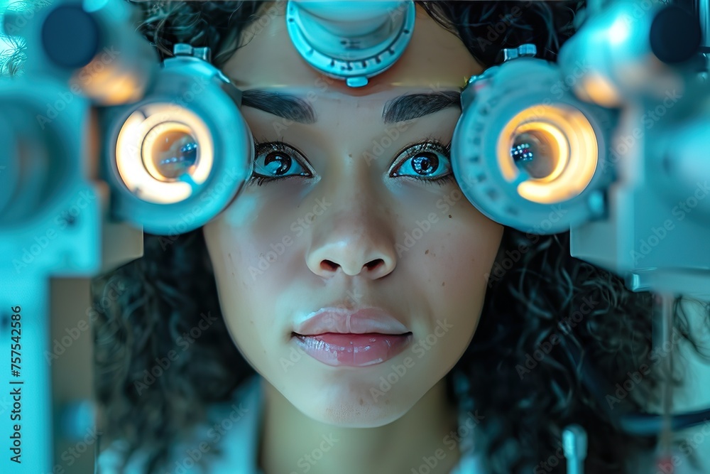 Illustrate an optometrist conducting an eye exam with various lenses ...