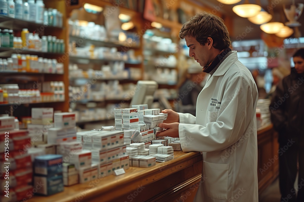Produce a picture of a pharmacist conducting an over-the-counter (OTC ...