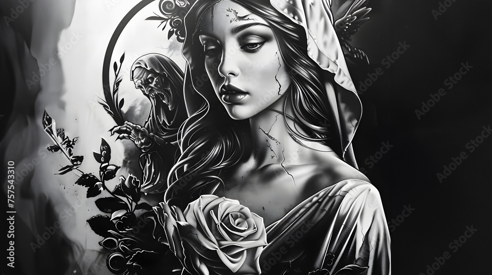Black and white tattoo design of an ultra realistic saint mary with ...