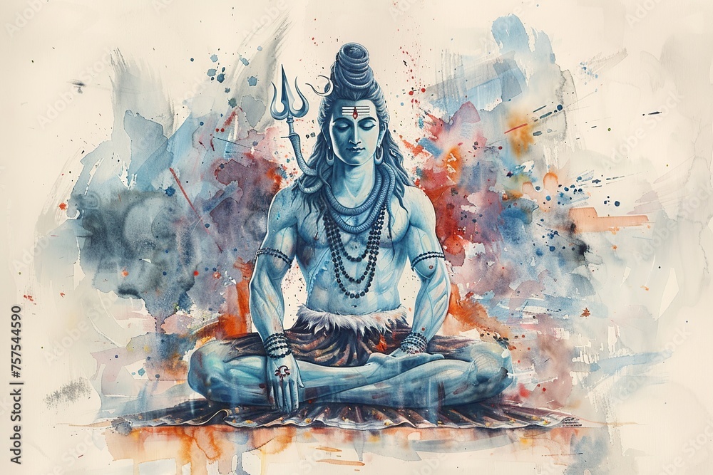 This enchanting watercolor illustration captures Lord Shiva's ...