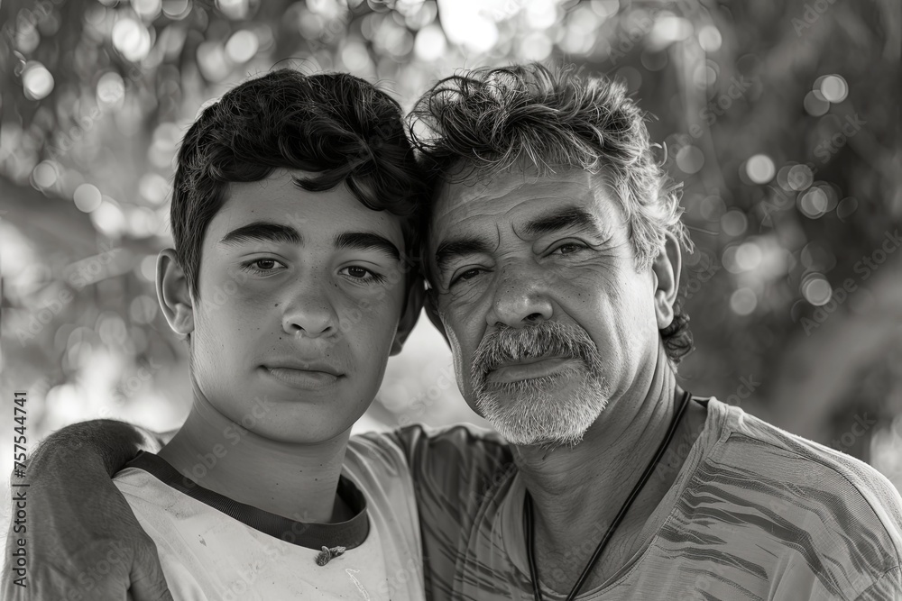 A portrait of a teenage son with his father, raising and passing on ...
