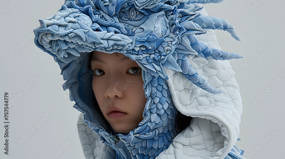 woman wearing surreal blue dragon shaped quilted hoodie with a ...