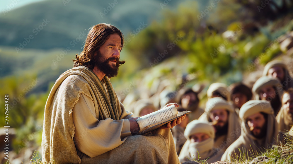 Jesus delivering the Sermon on the Mount, offering blessings and ...