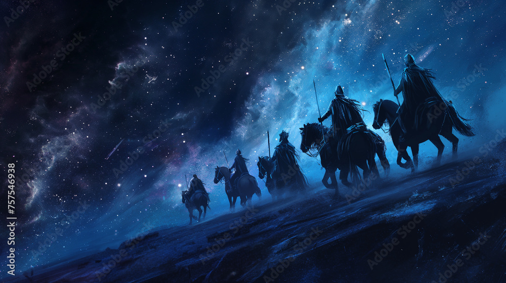 Illustrated as cosmic entities riding across the night sky, with stars ...