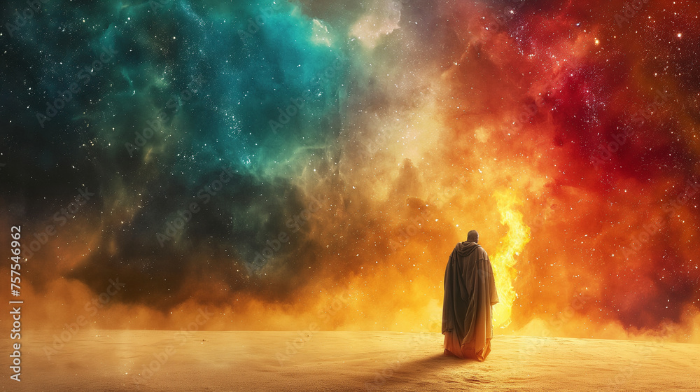 Moses before the burning bush, which is depicted as a vibrant nebula ...
