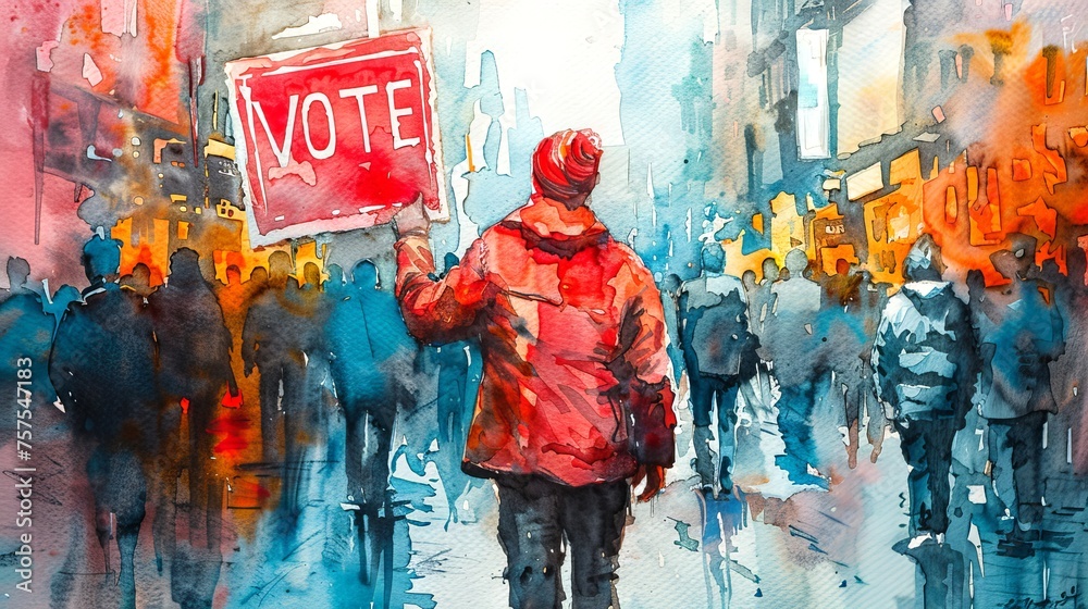 Person holding a VOTE sign in a city street crowd. Watercolor urban ...