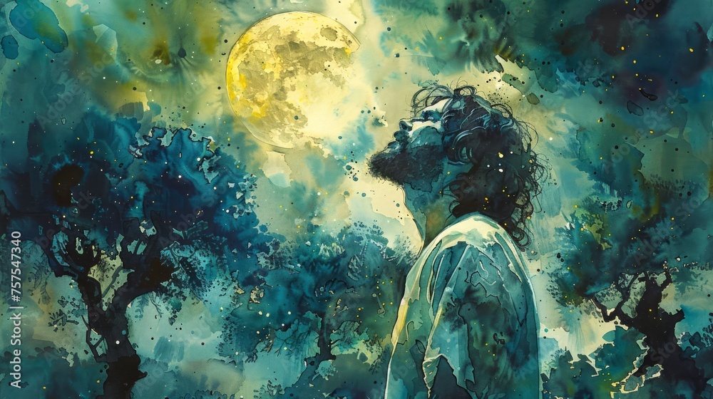 Watercolor illustration of Jesus Christ in prayer in the Garden of ...