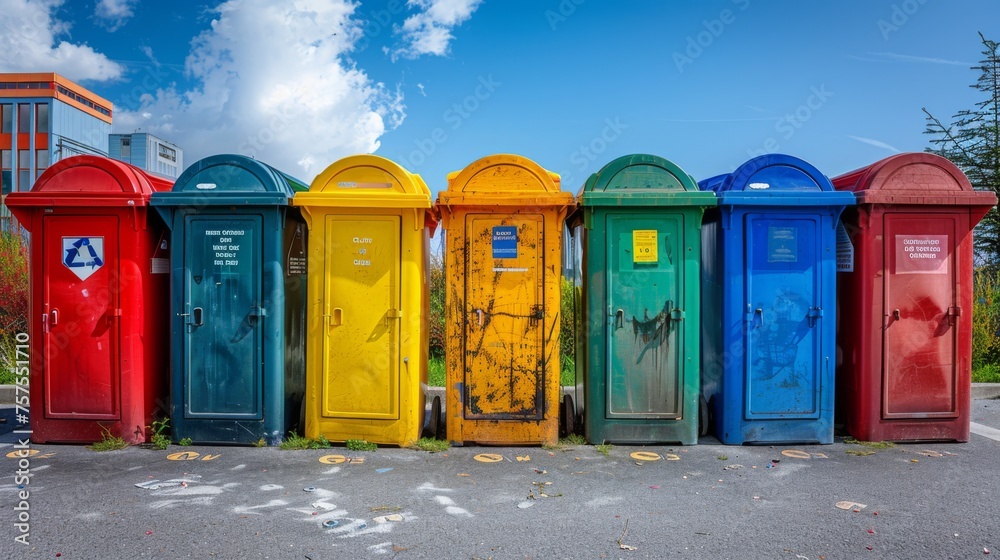 A row of recycling bins at a community center, their colors a bold ...