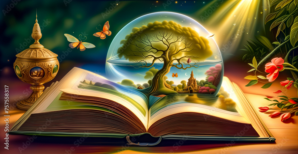 open magic book with a fairy scene inside, fairy tale background ...