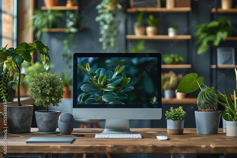 Wooden desk with computer table with many plants around giving a ...