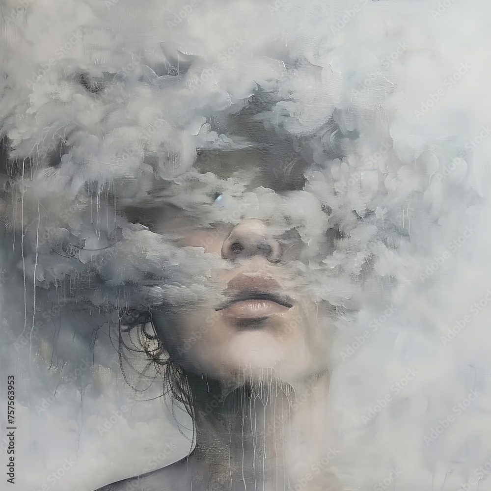 Rostro de mujer rodeado de humo gris sobre su cabeza, sobre fondo gris ...