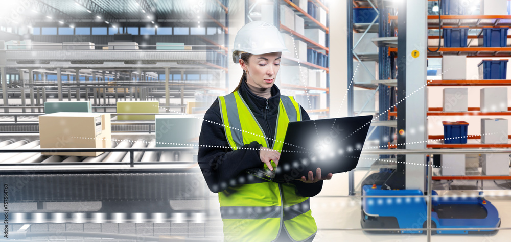Industrialist woman. Girl engineer is standing in factory. Conveyor ...