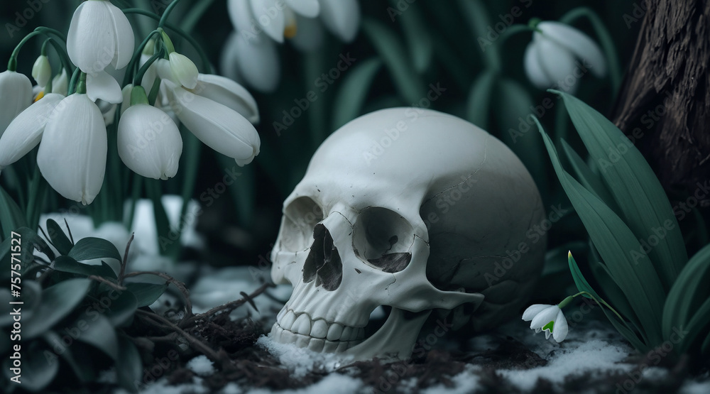 Heralds of spring. A human skull in the forest surrounded by snowdrops ...