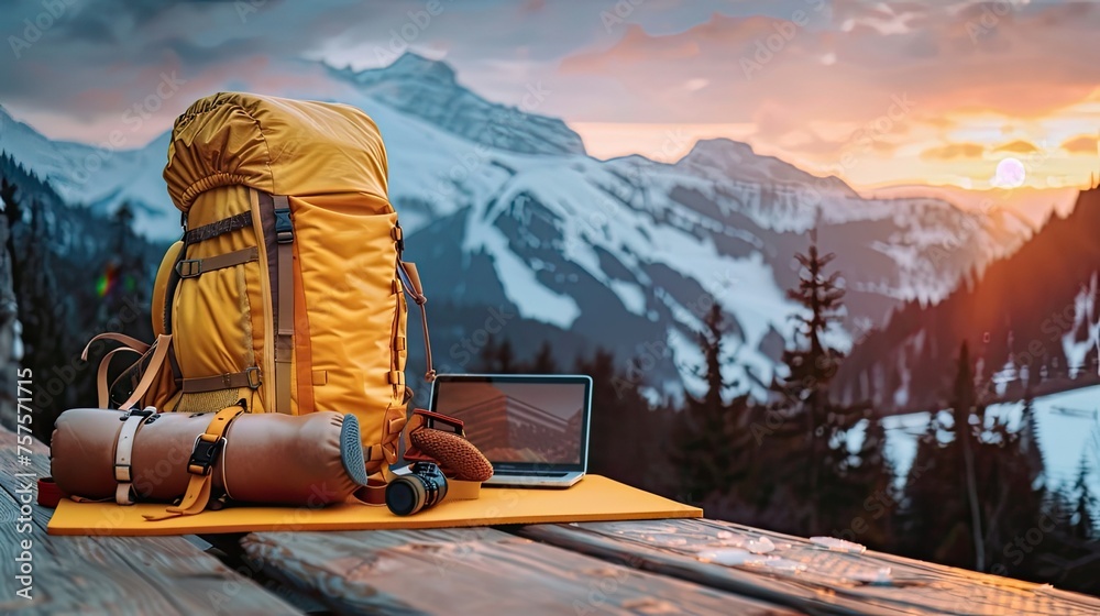 tourist backpack against the backdrop of a mountain landscape and lake ...