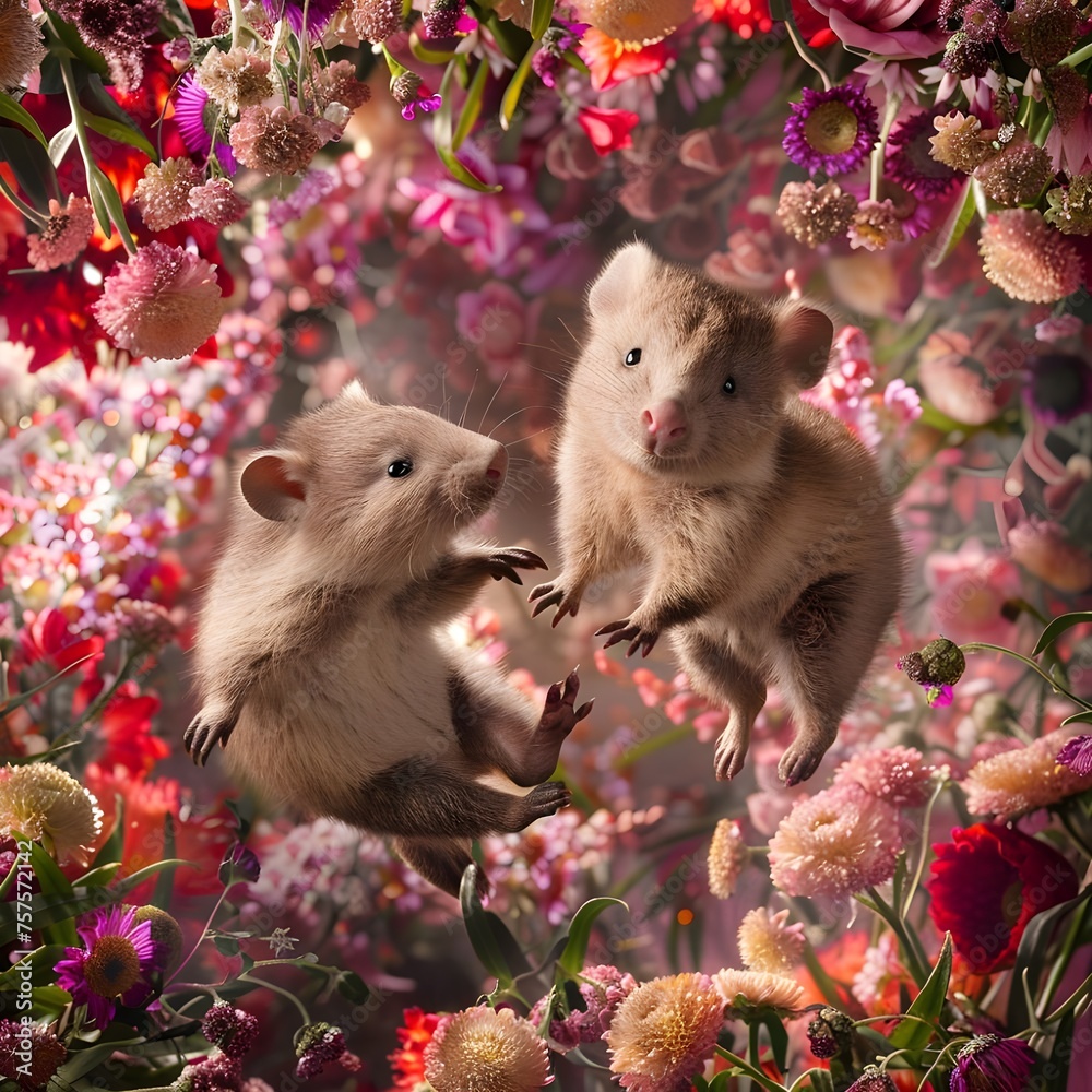 Fantasy background. Happy baby wombat jumping in flower meadow. Funny ...