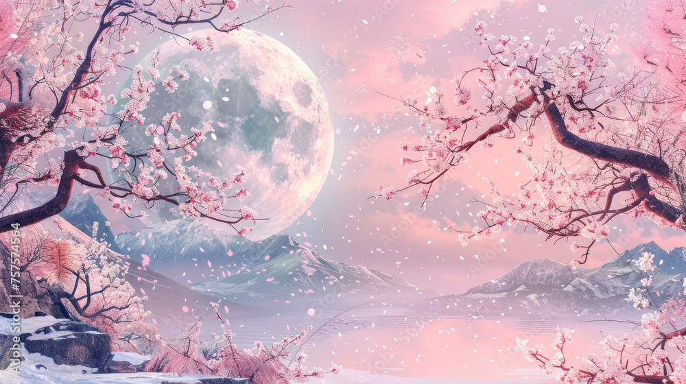Blooming sakura and moon, fantasy view of cherry blossom and snow in ...