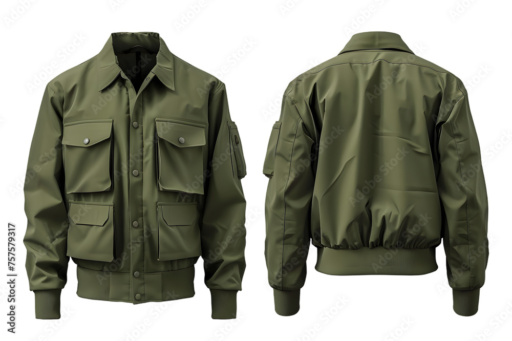 Front and back view of a forest green utility jacket template ...