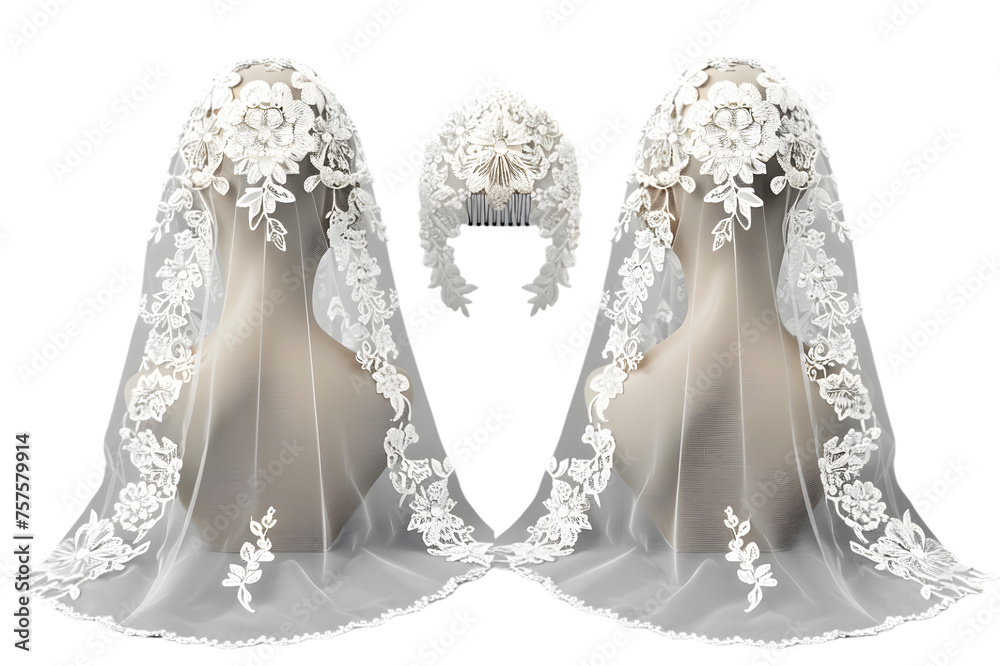 Front and back view of a pearl lace bridal veil template. Delicate ...