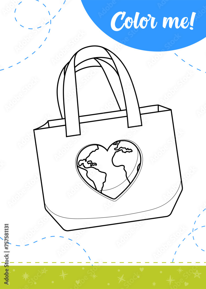 Coloring page for kids with cartoon recycled paper bag. Say no to ...