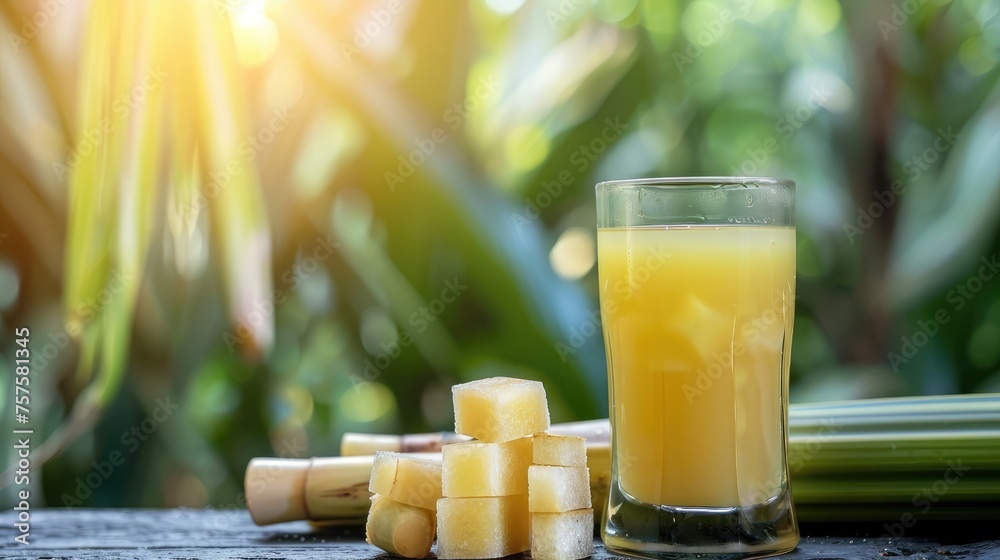 Fresh squeezed sugar cane juice in glass with cut pieces cane on nature ...