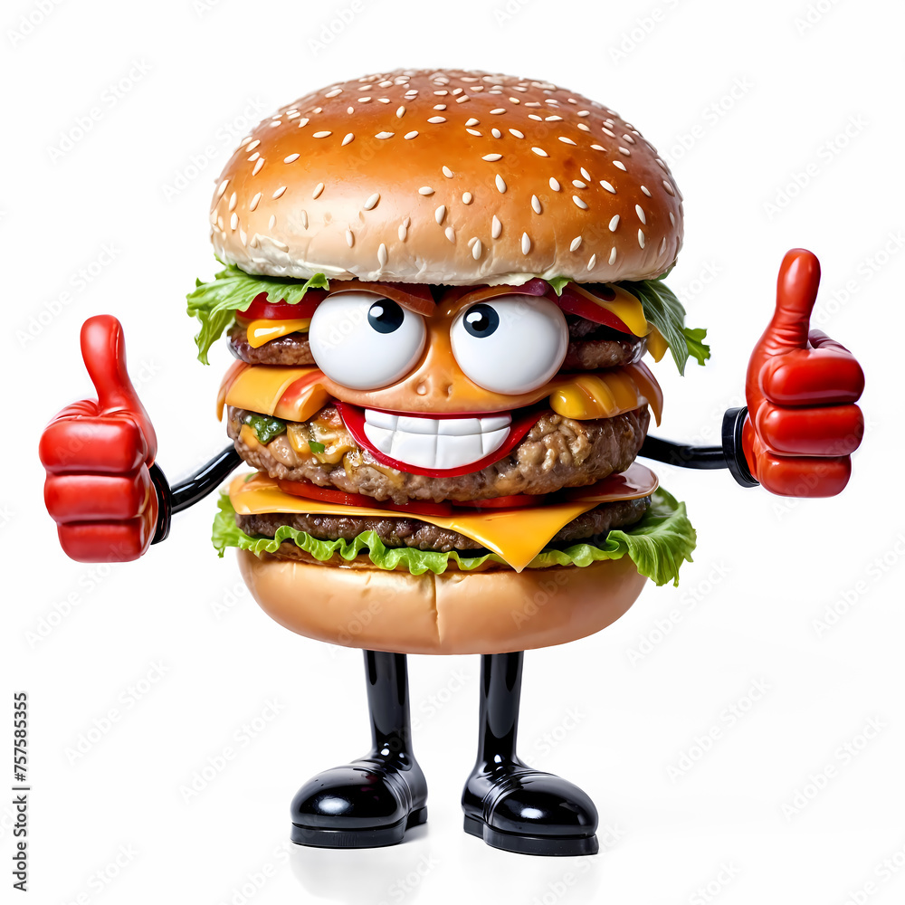 Happy smiling burger character gives big thumbs up, funny cartoon ...