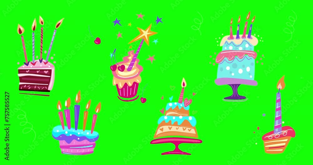 Set of Cartoon Birthday cakes in a hand drawn style on green screen ...