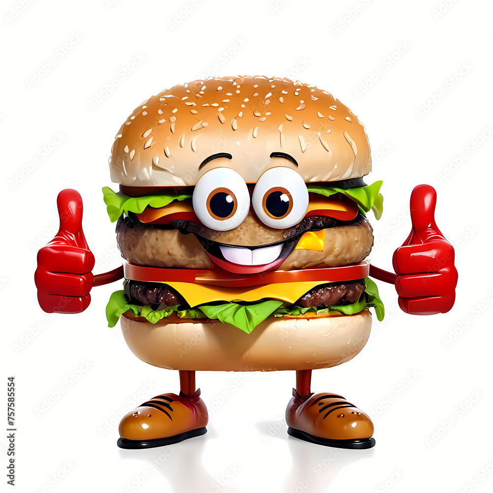 Happy smiling burger character gives thumbs up using two hands, funny ...
