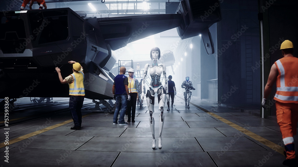 Robot walking. Production of military futuristic ship at the factory ...