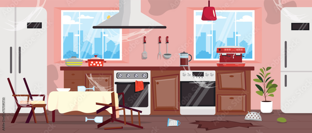 Vector illustration of an untidy, neglected kitchen.Cartoon scene of a ...