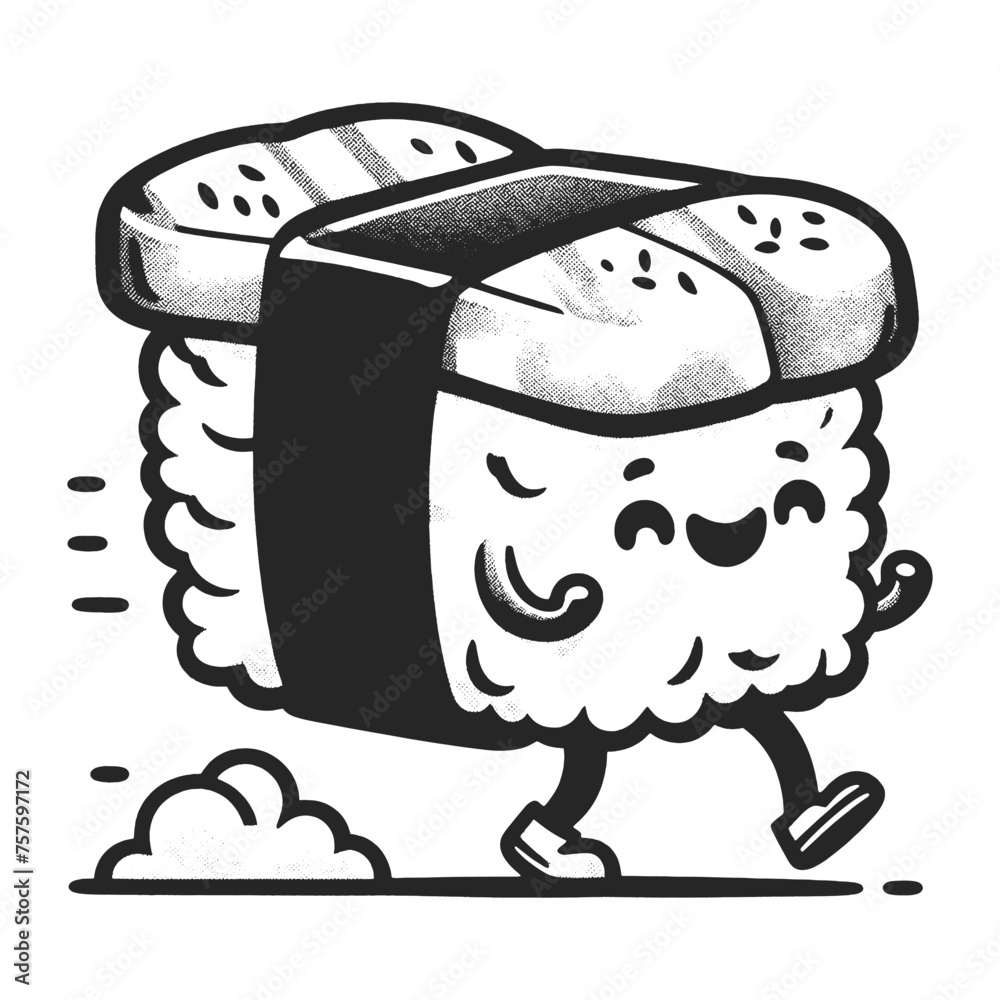 Adorable animated sushi roll character holding chopsticks engraving ...